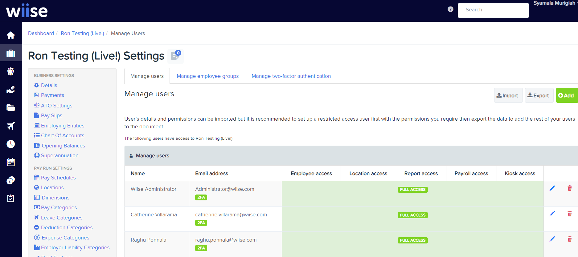 Manage full user access in Wiise Payroll